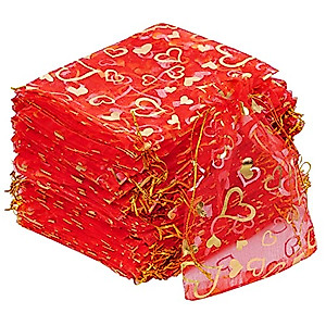 100PCS Heart Printed Organza Bags Gift Jewelry Candy Bags for Wedding Valentine's Day Mother's Day Party Christmas 5x7Inch (Red)
