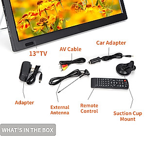 13 Inch Portable TV, 1080P ATSC Digital Car TV, Built-in Rechargeable Battery, ATSC Digital TV Tuner, USB, AV, U Disk, FM Radio, for Car, Travel, Camping, etc