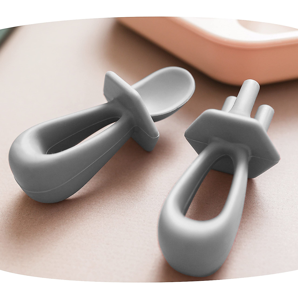 Tiny Twinkle Silicone Training Utensils - Baby Spoons and Baby Forks For Self-Feeding Training - Silicone Baby Led Weaning Utensils For Toddlers And Babies 6-24 Months - Baby Feeding Supplies (Gray)