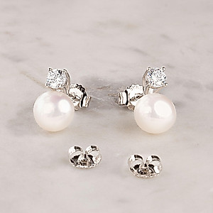 Women Pearl Stud Earrings, Fresh Water Cultured Pearls Button Shape 8-9 mm with a Cubic Zirconia Stone by Secret & You | Sterling Silver 925 Mounts with big nuts.