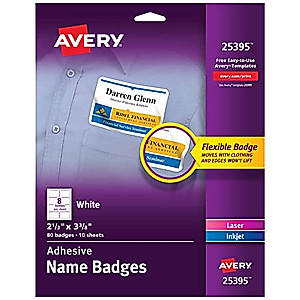 Avery 74459 Neck Hang Badge Holder w/Laser/Inkjet Insert, Top Load, 3h x 4w, White (Box of 100) & Avery Flexible Name Tag Stickers, White Rectangle Labels, 80 Name Badges, 2-1/3" x 3-3/8" (25395)
