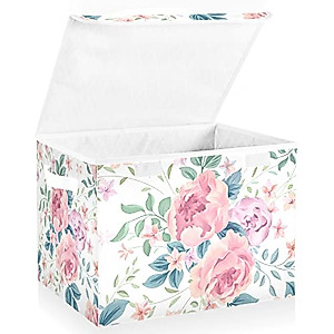 Kigai Storage Basket Pink Rose Flower Floral Storage Boxes with Lids and Handle, Large Storage Cube Bin Collapsible for Shelves Closet Bedroom Living Room, 16.5x12.6x11.8 In