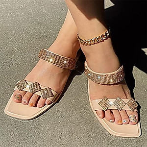 Slipper Socks for Women Women Shoes Fashion Bright Diamond Square Bright Diamond Sandals Flash Diamond One Leg Wear Flat (Khaki, 8)