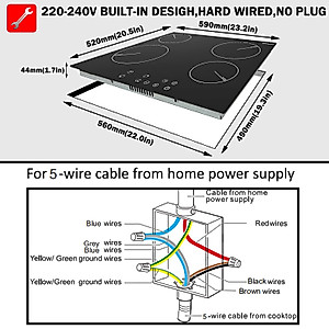 Karinear Drop-in 4 Burner Electric Cooktop 24 Inch Electric Radiant Cooktop, Electric Stove Top with Residual Heat Indicator, Child Safety Lock, Timer, 220-240V, 6000W, Hard Wire(No Plug)