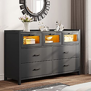 VIAGDO Black Dresser for Bedroom,7 Drawer Dressers with LED Lights, Dressers & Chests of Drawers, Bedroom Closet Wooden Long Kids Dresser for Bedroom, Kids Room, Hallway (DG1201-B)