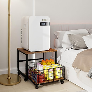 PUNCIA 19.7x19.7in Mobile Mini Fridge Stand with Large Capacity Storage Beverage Refrigerator Table with Wheels Rolling Compact Fridge Cart Heavy Duty Appliance Platform with Basket for Home Office