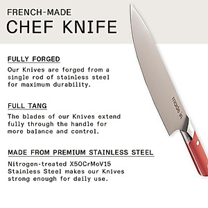 Made In Cookware - 8" Chef Knife - Crafted in France - Full Tang With Pomme Red Handle