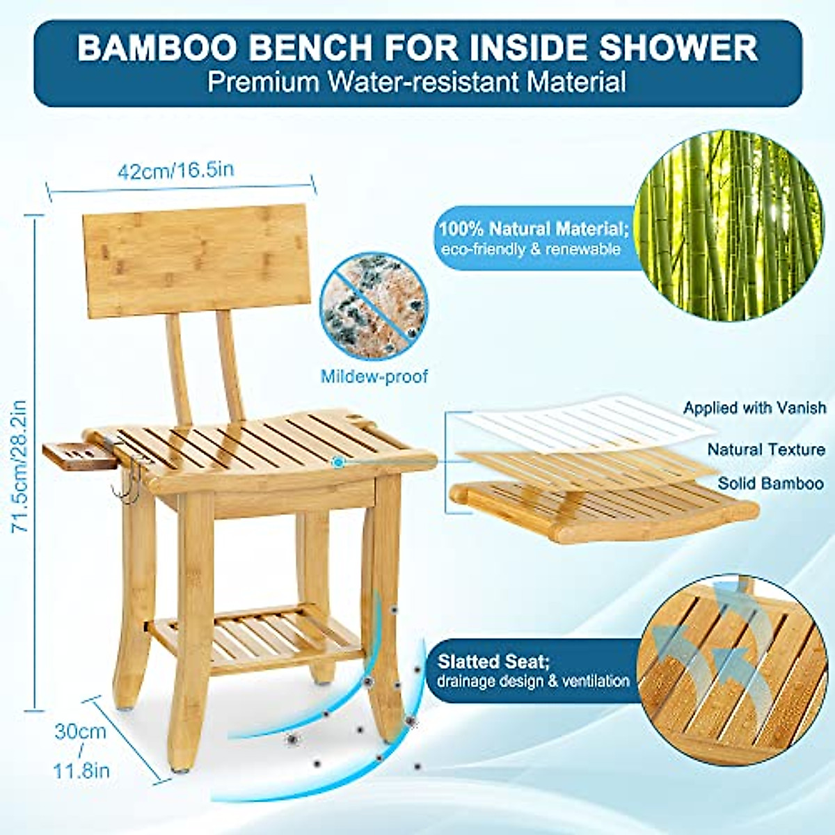 ETECHMART Bamboo Shower Bench with Back and Soap Dish, 2-Tier Shower Chair Bath Seat with Handle for Bathroom Bathtub Elderly Disabled, Waterproof Wood Spa Stool for Inside Shower Legs Shaving, Bamboo