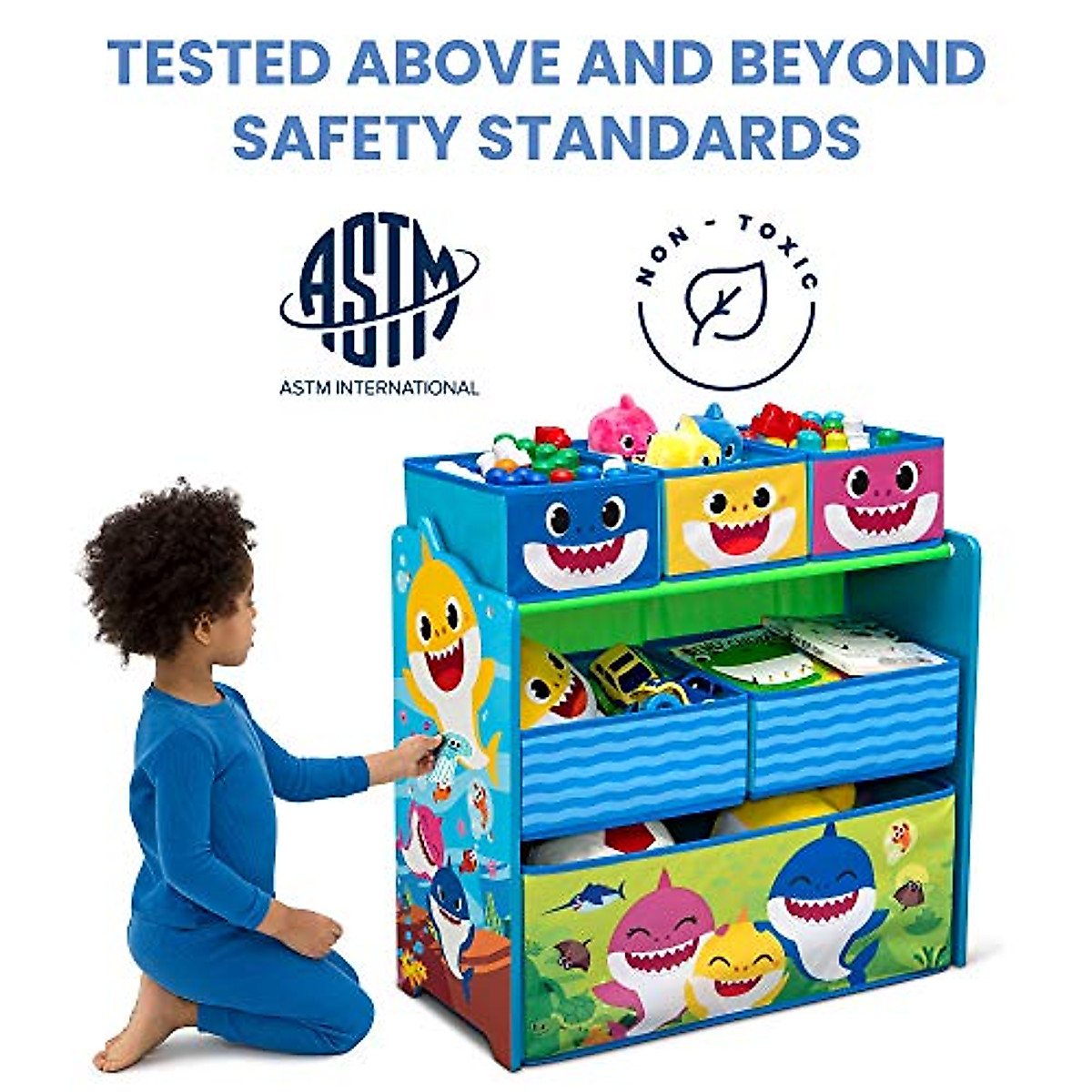 Baby Shark Kids Table and Chair Set with Storage (2 Chairs Included) Plus Design & Store 6 Bin Toy Storage Organizer - Ideal for Arts & Crafts, Homeschooling, Homework & More by Delta Children