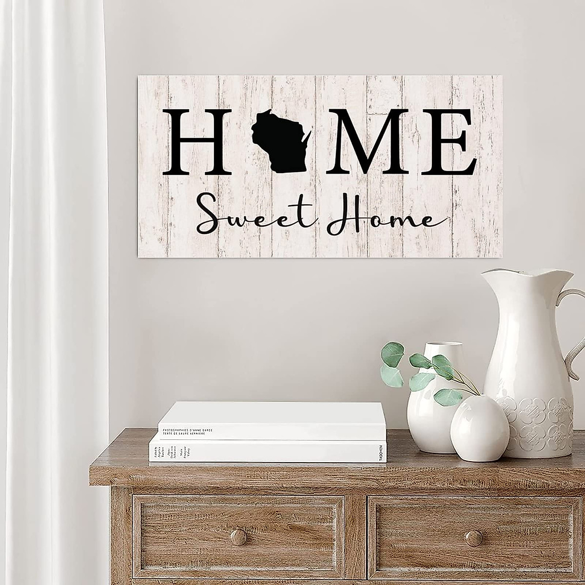 Classic Style Wood Pallet Sign Home Sweet Home Wisconsin State Rustic Wooden Wall Plaque Wall Pediment Inspirational Wood Wall Pediment for Deck Front Door Wall Hanging Decorations 12x24 Inch