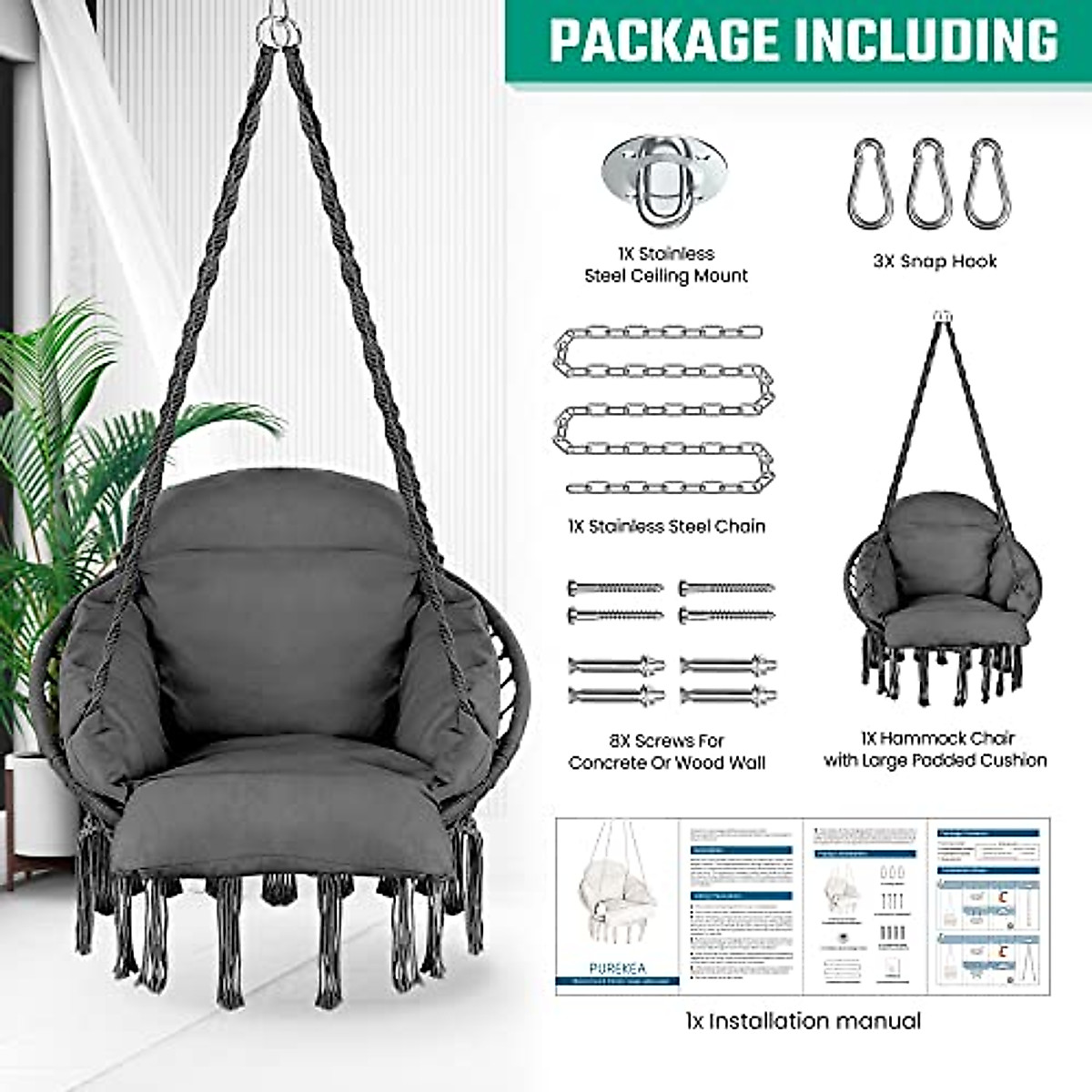 PUREKEA Hammock Chair, Macrame Hanging Swing Chair with Large Padded Cushion and Hardware Kits, Max 330 Lbs, Hanging Cotton Rope Chair for Indoor, Outdoor, Bedroom, Patio, Porch, Garden (Grey)