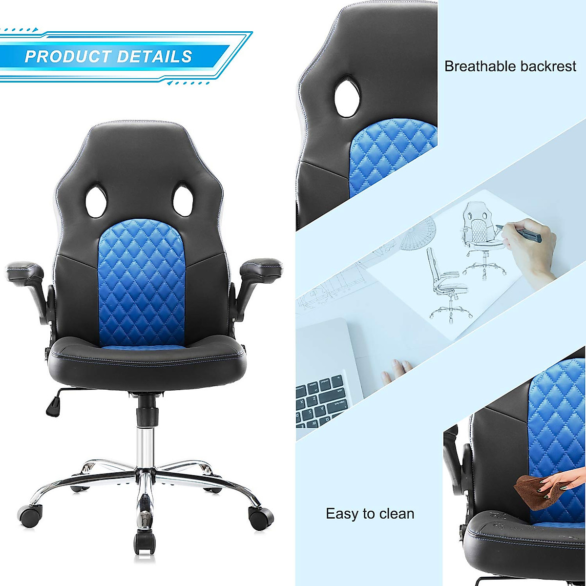 SMUG Gaming Chair Ergonomic Office Chair PU Leather Computer Chair High Back Desk Chair Adjustable Swivel Task Chair with Lumbar Support/Flip-up Armrests, Blue
