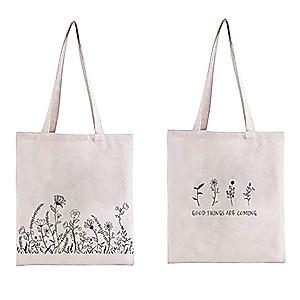 Kazova Floral Cotton Canvas Tote Bag Minimalist Bouquet Tote Bag Reusable Canvas Shopping Grocery Bags Wildflower Botanical Boho Gift for Women (Black)