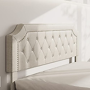 BONSOIR Queen Size Sand Color Bed Frame Upholstered Low Profile Traditional Platform with Tufted and Nail Headboard