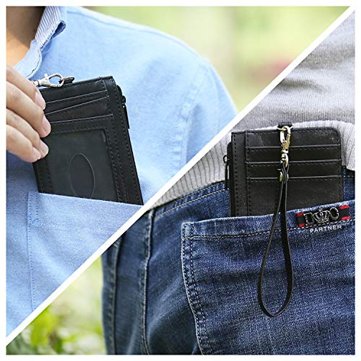 Teskyer Minimalist Wallet, Slim Wallet with Neck Lanyard and Wrist Strap, Credit Card Holder Wallet, RFID Blocking Front Pocket Wallet for Men Women, Black