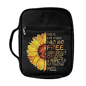 Dolyues Black Sunflower Pattern Women Bible Cover Bag with Pocket Zipper Bible Tote Case Bag with Key Phone for Women Men Lightweight Soft Zipper Bible Book Bag