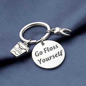 POTIY Funny Dentist Dental Hygienist Gift Dentist Jewerly Go Floss Yourself Keychain Dental Keychain Dentists Floss and Tooth Charm Keychain Gift (keychain)