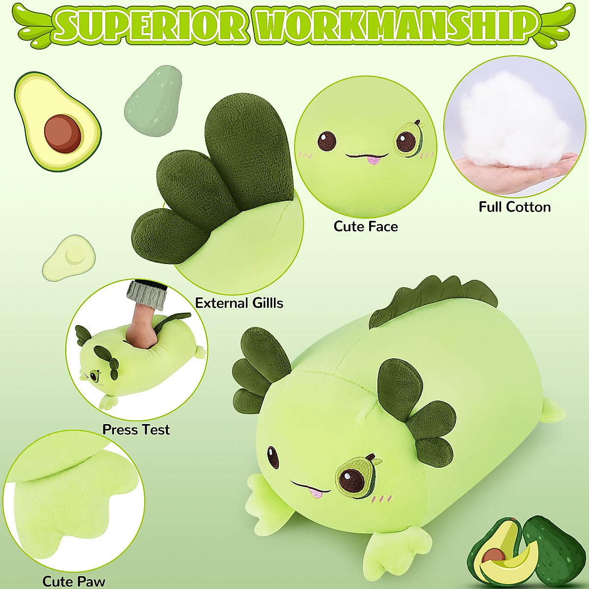 Axolotl Plush Toy-13'' Green Axolotl Plush Stuffed Animal, Avocado Axolotl Plush Pillow, Cute Soft Plush Axolotl Plushie Stuffed Toys, Axolotl Plush Pillows Decoration Gift for Kids Girls Boys