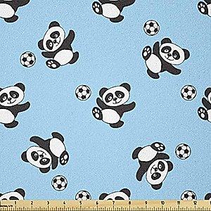 Ambesonne Soccer Fabric by The Yard, Panda Player Kicking a Ball Boys Design Fun Animal Pattern, Stretch Knit Fabric for Clothing Sewing and Arts Crafts, 1 Yard, Blue White