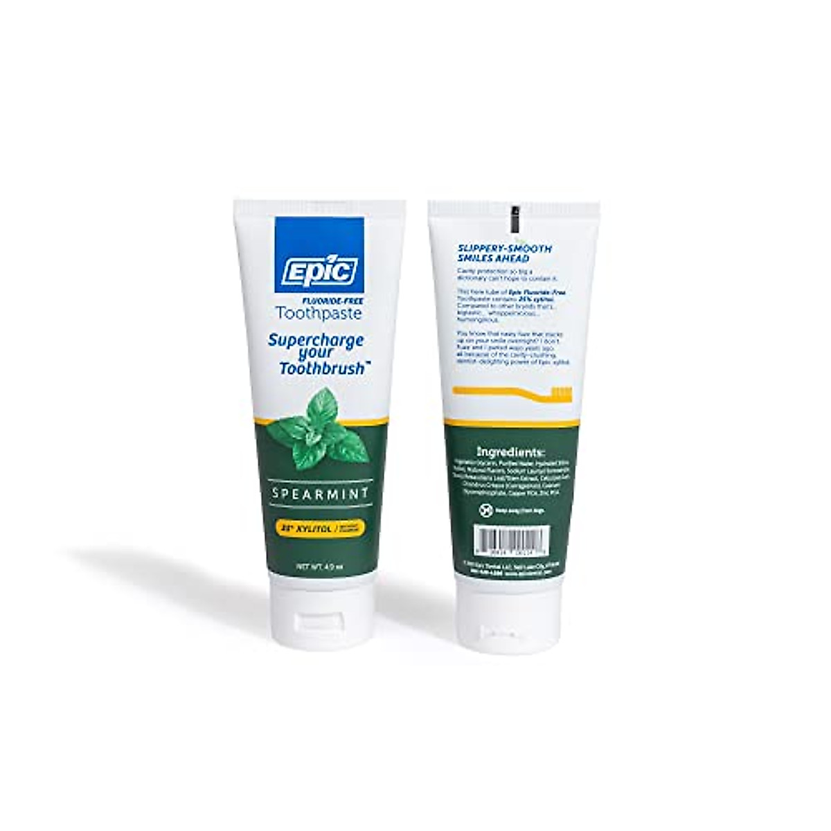 Epic Xylitol Toothpaste - Sugar Free & Aspartame Free Toothpaste Sweetened w/ Xylitol for Clean Teeth & Gum Health (Spearmint, 4.9oz Tube, 2 Tubes)