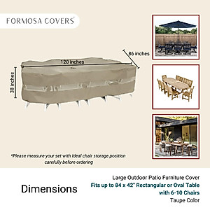 Formosa Covers | Premium Outdoor Patio Table Set Cover with Hole for Umbrella | 120" L x 86" W x 38" H | Weatherguard Material | Taupe