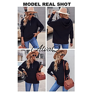AlvaQ Women Black Sweatshirt V Neck Long Sleeve Button Up Pullover Hoodies Oversize Hooded Tops with Pocket Fashion 2024 Black Medium