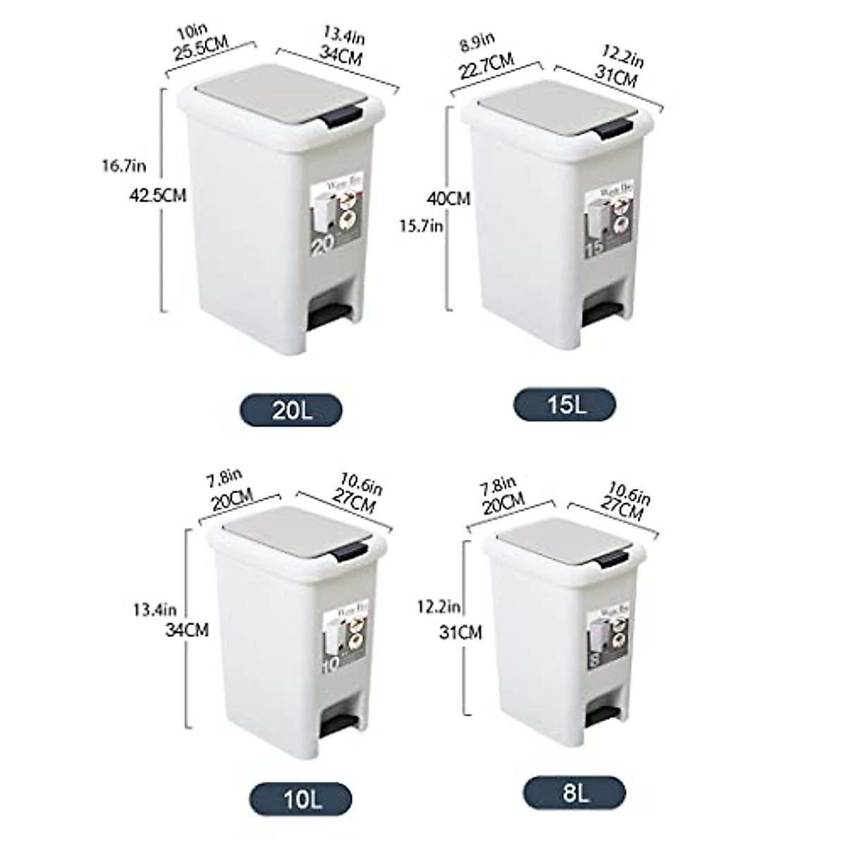 Trash Bin Trash Can Wastebasket White Plastic Garbage Bin,Kitchen Garbage Bin with Soft Close Lid and Foot Pedal Perfect for Bathroom, Bedroom, Office Garbage Can Waste Bin (Size : 15l)