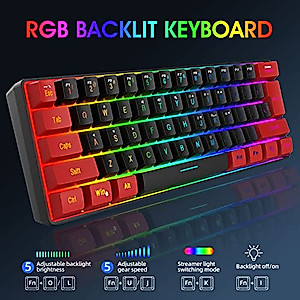 Snpurdiri 60% Wired Gaming Keyboard, True RGB Mini Quiet Ergonomic Water-Resistant Small Keyboard for Work, Gaming,Office (Red-Black)