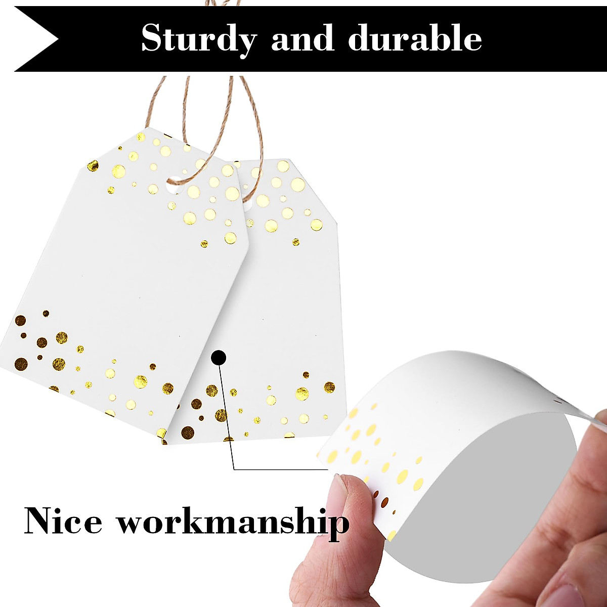 SallyFashion 40PCS Gold Stamped Dots Gift Tags, Shiny Gold Dots Present Tags Hang Tags with String for Wedding Gift Wrapping Birthday Party Favors