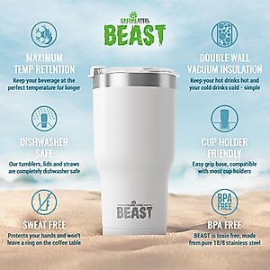 Beast 30 oz Tumbler Stainless Steel Vacuum Insulated Coffee Ice Cup Double Wall Travel Flask (Arctic White)