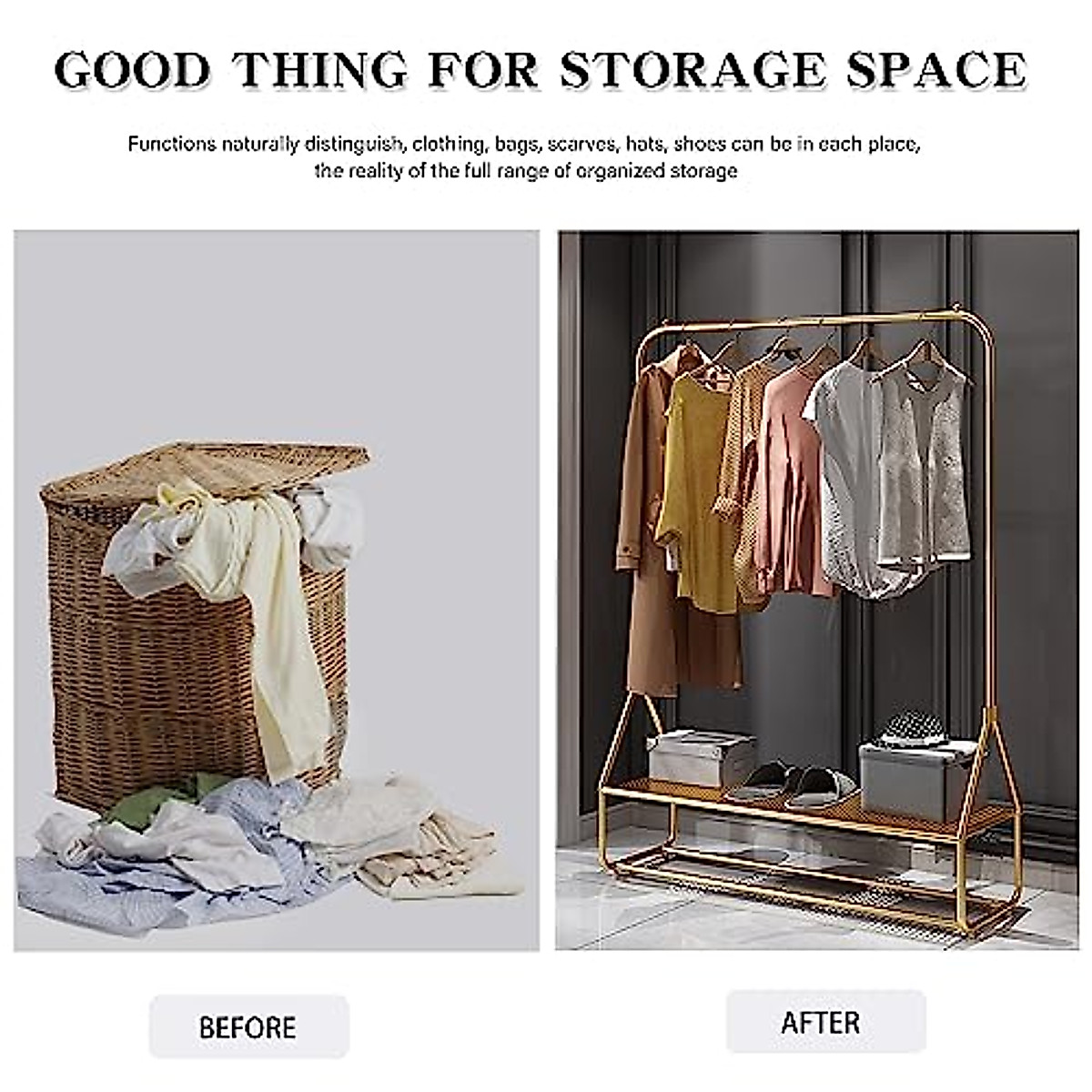 FIJOS Clothes Rack, Clothing Racks for Hanging Clothes, Metal Garment Rack with Bottom Shelf for Hanging Clothes, Coats, Skirts, Shirts, Sweaters (47.2" L Gold)