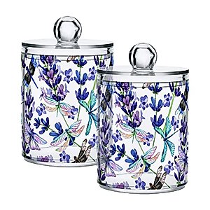 MNSRUU 2 Pack Qtip Holder Organizer Dispenser Dragonfly Lavender Bathroom Storage Canister Cotton Ball Holder Bathroom Containers for Cotton Swabs/Pads/Floss