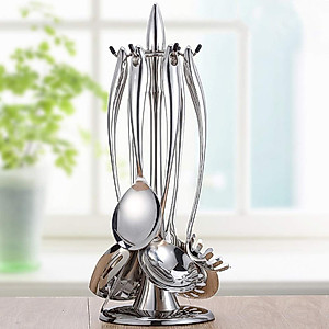 Kitchen Countertop Utensil Holder,304 Stainless Steel Cooking Utensils Set with Holder, with 8 Rotating Hooks,for Spoon, Spatula, Soup Ladle, Spaghetti Server, Skimmer
