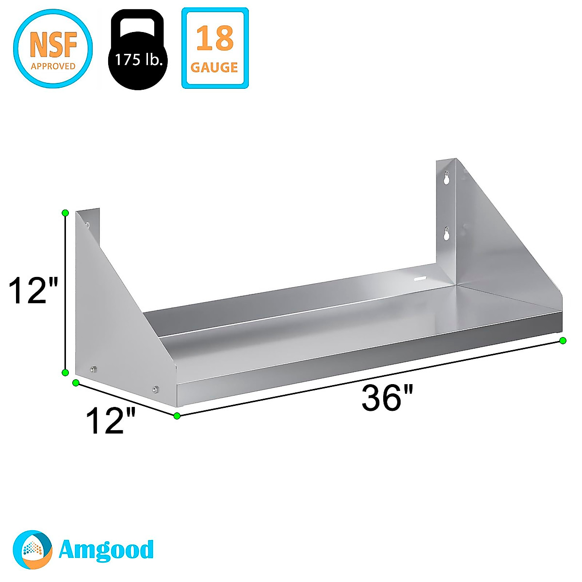 AmGood 36 Long X 12" Deep Stainless Steel Wall Shelf with Side Guards | NSF Certified | Appliance & Equipment Metal Shelving | Kitchen, Restaurant, Garage, Laundry, Utility Room