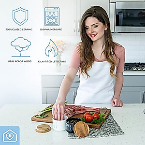 Heartland Home Ceramic Salt and Pepper Bowls. Dual Holder Salt Cellar with Lid. Black and White Stackable Salt Container Set. Salt Keeper, Pepper Bowl, 2 Airtight Wooden Lids. 9oz Salt Box Pinch Dish