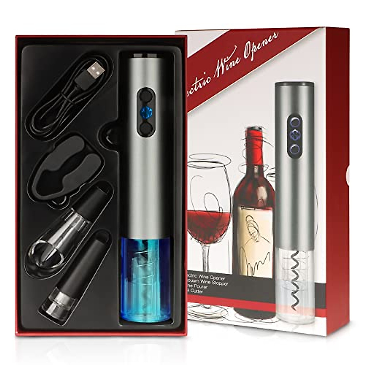 Wine Opener Electric,Wine Bottle Opener, Rechargeable Corkscrew with USB Charging Line,Pourer, Foil Cutter, Vacuum Pumping Stopper Battery Powered Cordless Wine Opener Kit