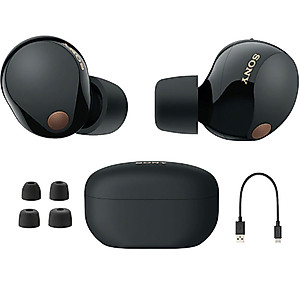 Sony WF-1000XM5 Industry Leading Noise Canceling Truly Wireless Earbuds (Black) Bundle with Silicone Case (Red), Memory Foam Ear Tips, USB-A to USB-C Cable & 1 YR CPS Enhanced Protection Pack