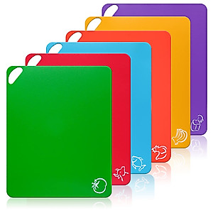 Plastic Cutting Board Mats Set,Flexible Kitchen Chopping Board,Colored Cutting Mats With Food Icons & Easy-Grip Handles & Anti-skid Back,BPA-Free,Non-Slip,Dishwasher Safe,Set of 6