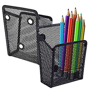 2 Pack of Magnetic Metal Mesh Pen Holder, Black Stainless Steel Pencil Holder with Magnets, Basket Storage Organizer for Whiteboard, Blackboard, Kitchen, Locker, Home, or Office