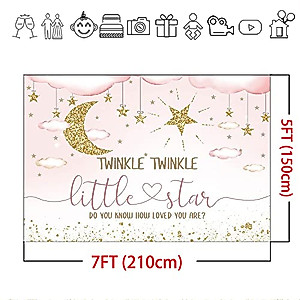 Mocsicka Pink Twinkle Twinkle Little Star Baby Shower Backdrop Gold Glitter Stars and Moon Pink Baby Shower Party Decorations for Girls Sparkle Stars Gender Reveal Photography Background (7x5ft)