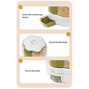 6 Grid Grain Container, 360° Rotating Food Dispenser Measuring Cylinder with Lid, Rice Storage Bucket, Dry Food Dispenser,for Kitchen Storage with Cup, 10kg/12.5kg ( Color : White , Size : 12.5kg )