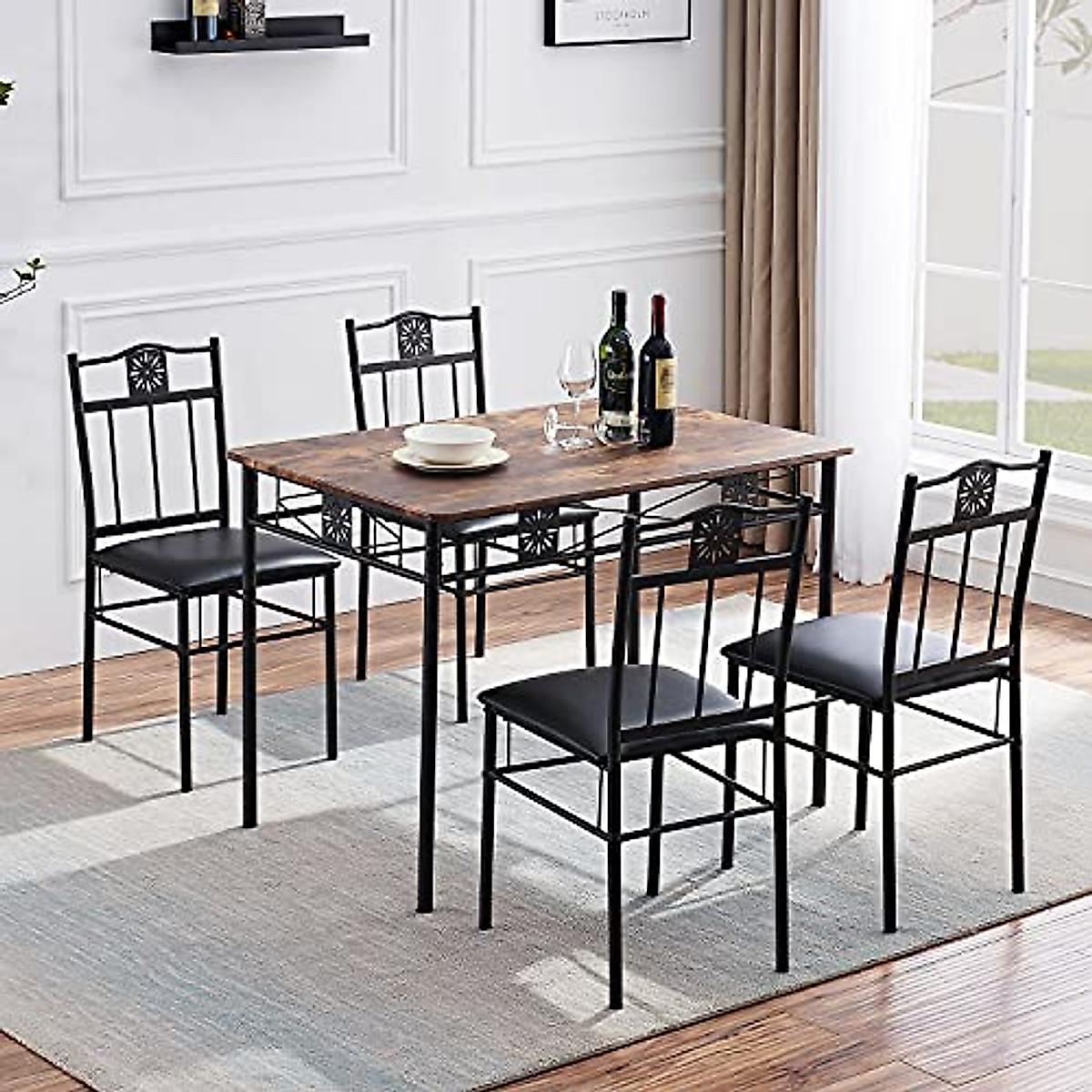 VECELO Dining Table Set with 4 Chairs, Retro Brown & Bella Nonstick Cookware Set - Aluminum Bakeware, Pots and Pans, Storage Bowls & Utensils, Compatible with All Stovetops, 21 Piece, Red