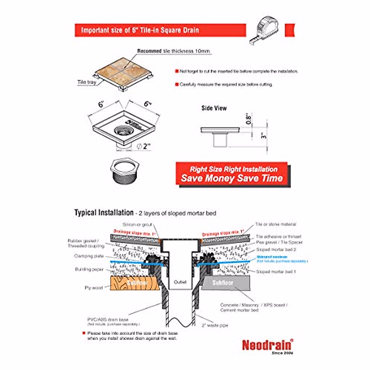 Neodrain 6-Inch Square Shower Drain with Removable Tile Insert Grate,Brushed 304 Stainless Steel, with Watermark&CUPC Certified, Includes Hair Strainer