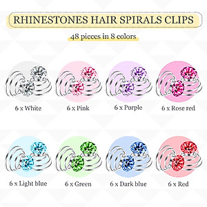 Xinnun 48 Pieces Rhinestone Hair Clips, Spiral Twist Hairpins with Rhinestone Crystal Metal Base, Hair Accessories for Wedding Bridal Prom Party, 1.4 cm/ 0.6 inches Diameter, 48 Pieces