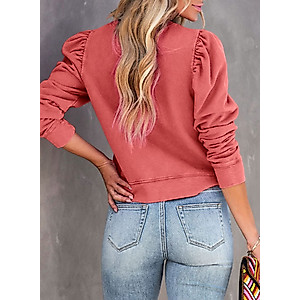 Dokotoo womens sweatshirts Casual Long Puff Sleeve Pullover Crew Neck Cute Tops Solid Color Relaxed Fit Red Shirts X-Large