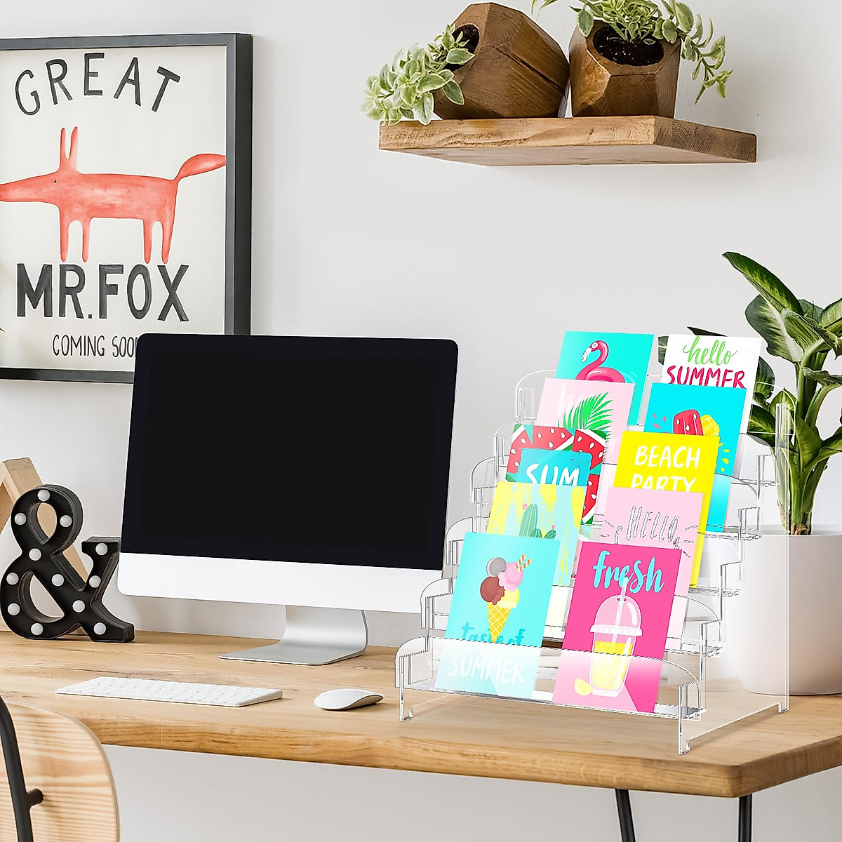 Yalikop 5 Tier Acrylic Greeting Card Display Stand Portable Greeting Card Display Rack Storage Sticker Greeting Card Organizer Stamp Postcard Mail Greeting Card Holder for Retail Counter Desk