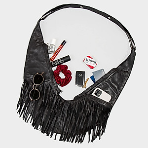 SASH Crossbody Bag - Black Genuine Leather Fringe Purse for Women - Travel Sling Bag with FRID-Protected Wallet