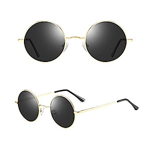 NULOOQ Retro Round Polarized Sunglasses for Women Men Small Metal Frame Circle Hippie Glasses (Gold/Gray)