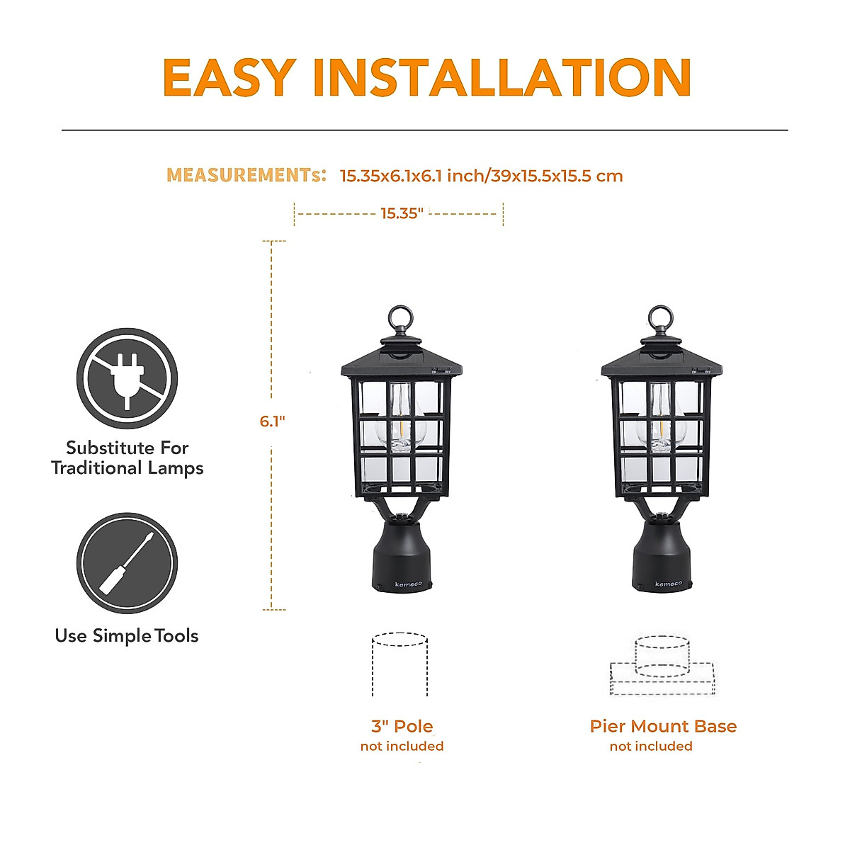 Kemeco ST4324Q-B Solar Post Light Squared Frame Exterior Waterproof Led Fixture for Outdoor Garden Street Post Pole Yard Driveway Walkway Entryways (Top Ring)