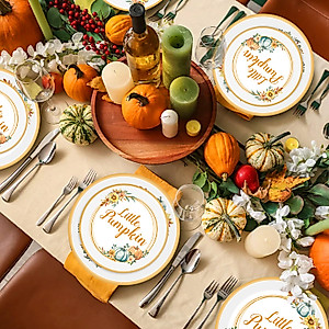 Fall Little Pumpkin Baby Shower Party Decorations Thanksgiving Pumpkins Disposable Birthday Party Decorations Set with Plates, Cups, Napkins, Tablecloth, Banner, Knives, Spoons and Forks, Serves 24